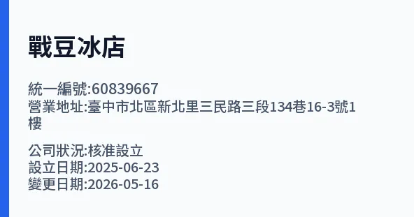 戰豆冰店的照片-統編 60839667(臺中市) 公司登記資料與營業項目詳細圖表