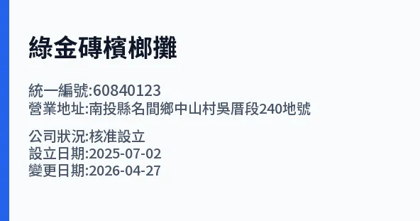 綠金磚檳榔攤的照片-統編 60840123(南投縣) 公司登記資料與營業項目詳細圖表