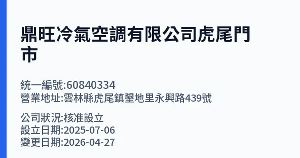 鼎旺冷氣空調有限公司虎尾門市的照片-統編 60840334(雲林縣) 公司登記資料與營業項目詳細圖表