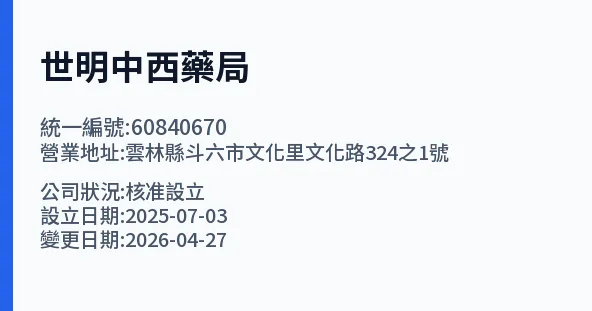 世明中西藥局的照片-統編 60840670(雲林縣) 公司登記資料與營業項目詳細圖表