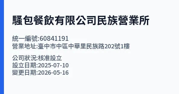 騷包餐飲有限公司民族營業所的照片-統編 60841191(臺中市) 公司登記資料與營業項目詳細圖表