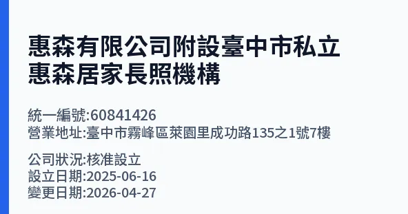 惠森有限公司附設臺中市私立惠森居家長照機構的照片-統編 60841426(臺中市) 公司登記資料與營業項目詳細圖表