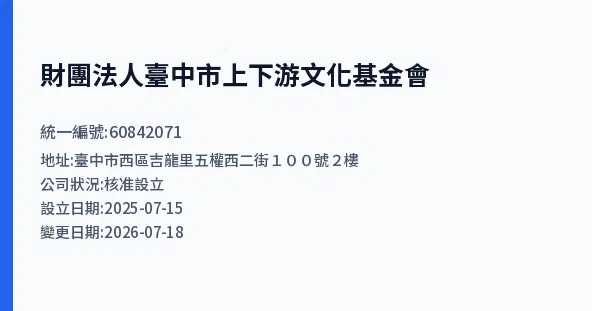 財團法人臺中市上下游文化基金會的照片-統編 60842071 公司登記資料與營業項目詳細圖表