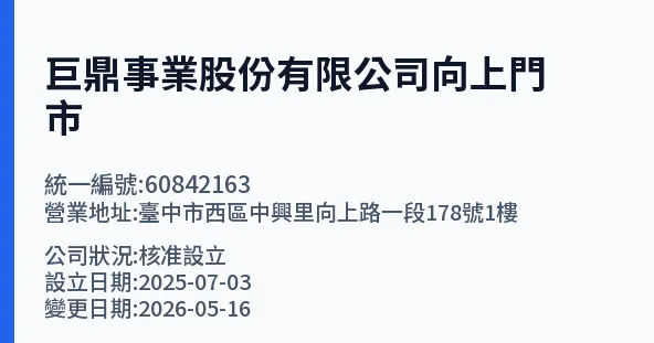 巨鼎事業股份有限公司向上門市的照片-統編 60842163(臺中市) 公司登記資料與營業項目詳細圖表