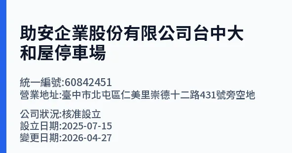 助安企業股份有限公司台中大和屋停車場的照片-統編 60842451(臺中市) 公司登記資料與營業項目詳細圖表