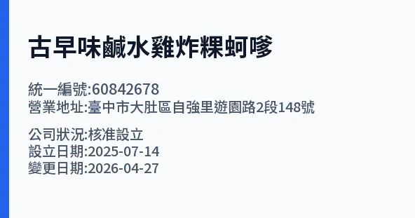 古早味鹹水雞炸粿蚵嗲的照片-統編 60842678(臺中市) 公司登記資料與營業項目詳細圖表