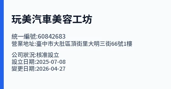 玩美汽車美容工坊的照片-統編 60842683(臺中市) 公司登記資料與營業項目詳細圖表