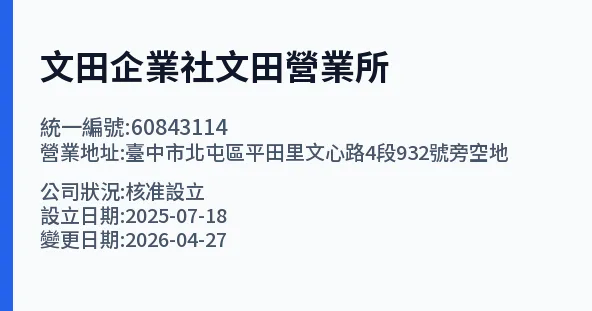 文田企業社文田營業所的照片-統編 60843114(臺中市) 公司登記資料與營業項目詳細圖表