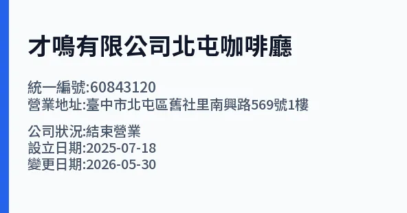 才鳴有限公司北屯咖啡廳的照片-統編 60843120(臺中市) 公司登記資料與營業項目詳細圖表