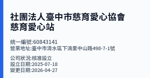 社團法人臺中市慈育愛心協會慈育愛心站的照片-統編 60843141(臺中市) 公司登記資料與營業項目詳細圖表