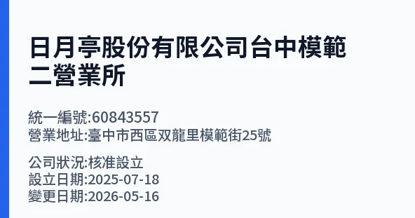 日月亭股份有限公司台中模範二營業所的照片-統編 60843557(臺中市) 公司登記資料與營業項目詳細圖表