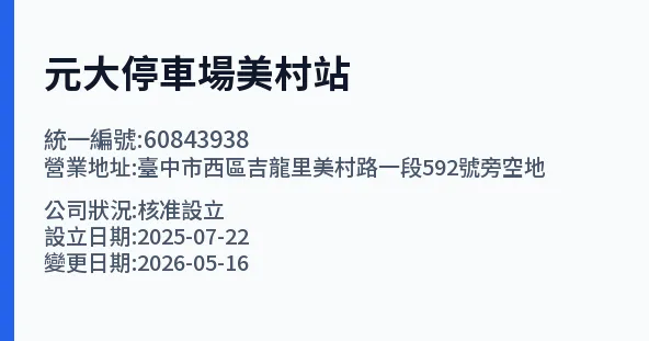 元大停車場美村站的照片-統編 60843938(臺中市) 公司登記資料與營業項目詳細圖表