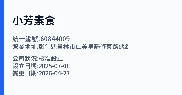 小芳素食的照片-統編 60844009(彰化縣) 公司登記資料與營業項目詳細圖表