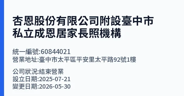 杏恩股份有限公司附設臺中市私立成恩居家長照機構的照片-統編 60844021(臺中市) 公司登記資料與營業項目詳細圖表