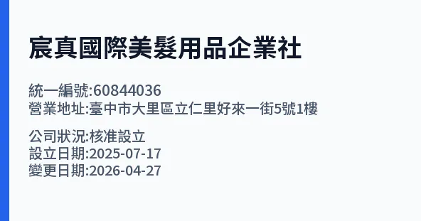 宸真國際美髮用品企業社的照片-統編 60844036(臺中市) 公司登記資料與營業項目詳細圖表