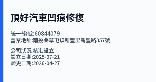 頂好汽車凹痕修復的照片-統編 60844079(南投縣) 公司登記資料與營業項目詳細圖表