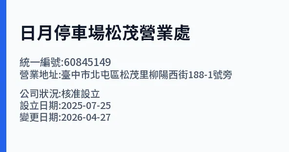 日月停車場松茂營業處的照片-統編 60845149(臺中市) 公司登記資料與營業項目詳細圖表