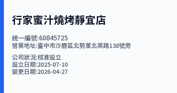 行家蜜汁燒烤靜宜店的照片-統編 60845725(臺中市) 公司登記資料與營業項目詳細圖表
