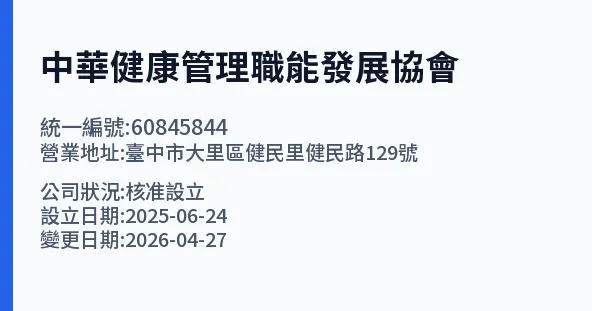 中華健康管理職能發展協會的照片-統編 60845844(臺中市) 公司登記資料與營業項目詳細圖表