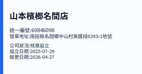 山本檳榔名間店的照片-統編 60846098(南投縣) 公司登記資料與營業項目詳細圖表