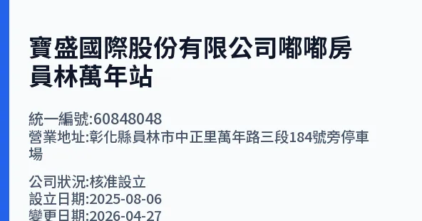 寶盛國際股份有限公司嘟嘟房員林萬年站的照片-統編 60848048(彰化縣) 公司登記資料與營業項目詳細圖表