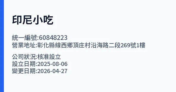 印尼小吃的照片-統編 60848223(彰化縣) 公司登記資料與營業項目詳細圖表