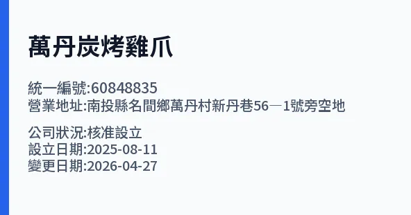 萬丹炭烤雞爪的照片-統編 60848835(南投縣) 公司登記資料與營業項目詳細圖表