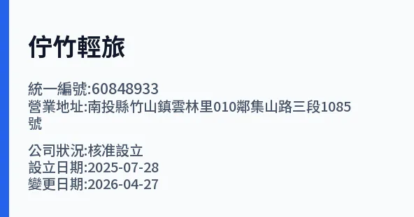 佇竹輕旅的照片-統編 60848933(南投縣) 公司登記資料與營業項目詳細圖表