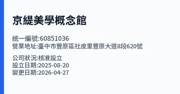 京緹美學概念館的照片-統編 60851036(臺中市) 公司登記資料與營業項目詳細圖表