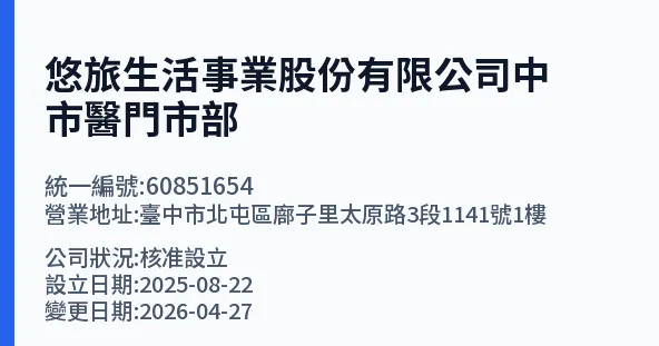 悠旅生活事業股份有限公司中市醫門市部的照片-統編 60851654(臺中市) 公司登記資料與營業項目詳細圖表