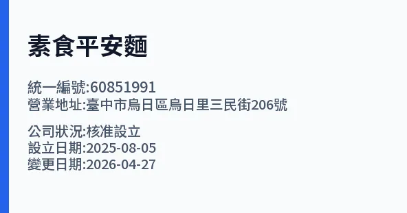 素食平安麵的照片-統編 60851991(臺中市) 公司登記資料與營業項目詳細圖表