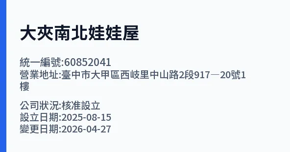 大夾南北娃娃屋的照片-統編 60852041(臺中市) 公司登記資料與營業項目詳細圖表