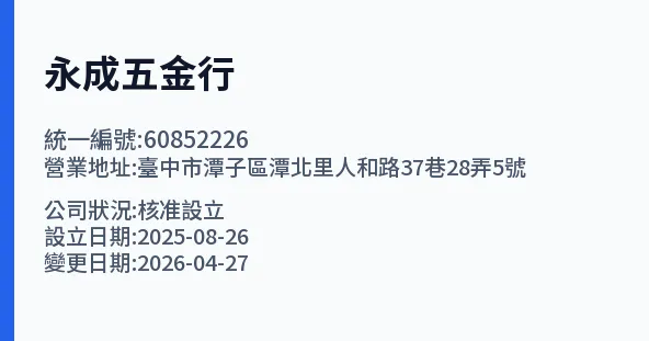 永成五金行的照片-統編 60852226(臺中市) 公司登記資料與營業項目詳細圖表