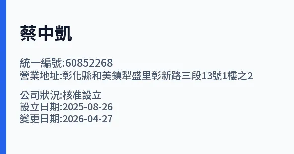 蔡中凱的照片-統編 60852268(彰化縣) 公司登記資料與營業項目詳細圖表