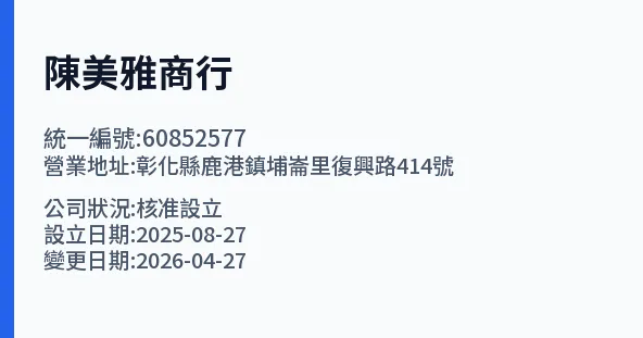 陳美雅商行的照片-統編 60852577(彰化縣) 公司登記資料與營業項目詳細圖表