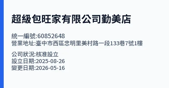 超級包旺家有限公司勤美店的照片-統編 60852648(臺中市) 公司登記資料與營業項目詳細圖表