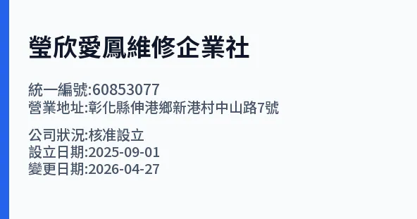 瑩欣愛鳳維修企業社的照片-統編 60853077(彰化縣) 公司登記資料與營業項目詳細圖表