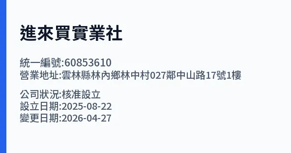 進來買實業社的照片-統編 60853610(雲林縣) 公司登記資料與營業項目詳細圖表