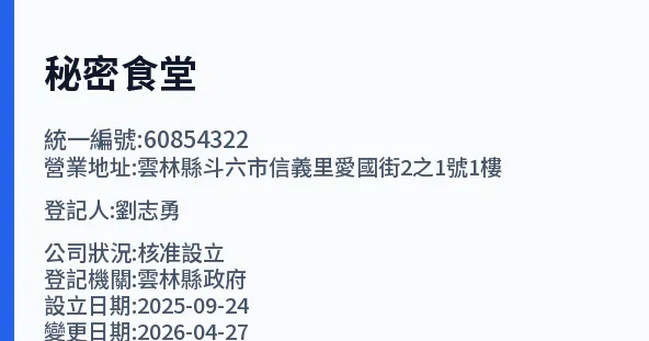 秘密食堂的照片-統編 60854322(雲林縣) 公司登記資料與營業項目詳細圖表