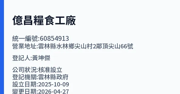 億昌糧食工廠的照片-統編 60854913(雲林縣) 公司登記資料與營業項目詳細圖表