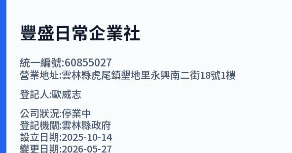 豐盛日常企業社的照片-統編 60855027(雲林縣) 公司登記資料與營業項目詳細圖表