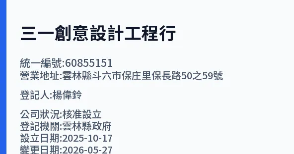 三一創意設計工程行的照片-統編 60855151(雲林縣) 公司登記資料與營業項目詳細圖表