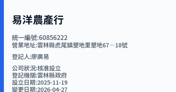 易洋農產行的照片-統編 60856222(雲林縣) 公司登記資料與營業項目詳細圖表