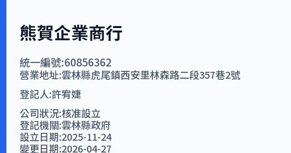 熊賀企業商行的照片-統編 60856362(雲林縣) 公司登記資料與營業項目詳細圖表