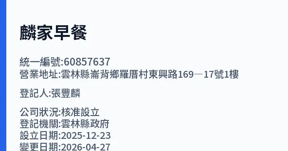 麟家早餐的照片-統編 60857637(雲林縣) 公司登記資料與營業項目詳細圖表