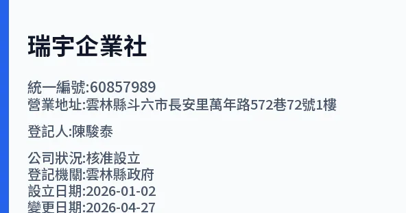 瑞宇企業社的照片-統編 60857989(雲林縣) 公司登記資料與營業項目詳細圖表