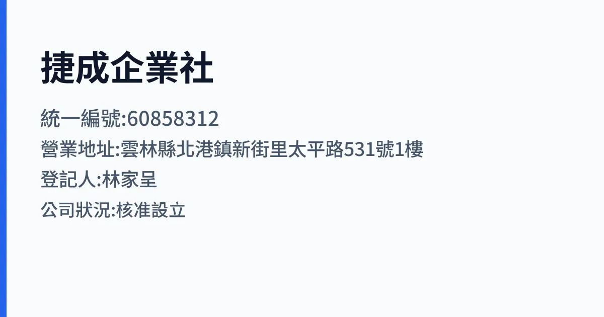 捷成企業社 - 統編 60858312(雲林縣) 公司登記資料與營業項目詳細圖表