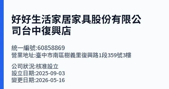 好好生活家居家具股份有限公司台中復興店的照片-統編 60858869(臺中市) 公司登記資料與營業項目詳細圖表