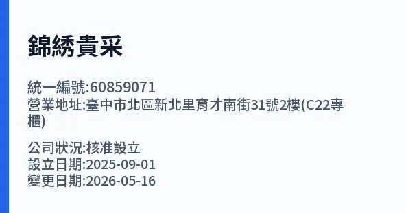 錦綉貴采的照片-統編 60859071(臺中市) 公司登記資料與營業項目詳細圖表