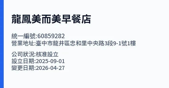 龍鳳美而美早餐店的照片-統編 60859282(臺中市) 公司登記資料與營業項目詳細圖表